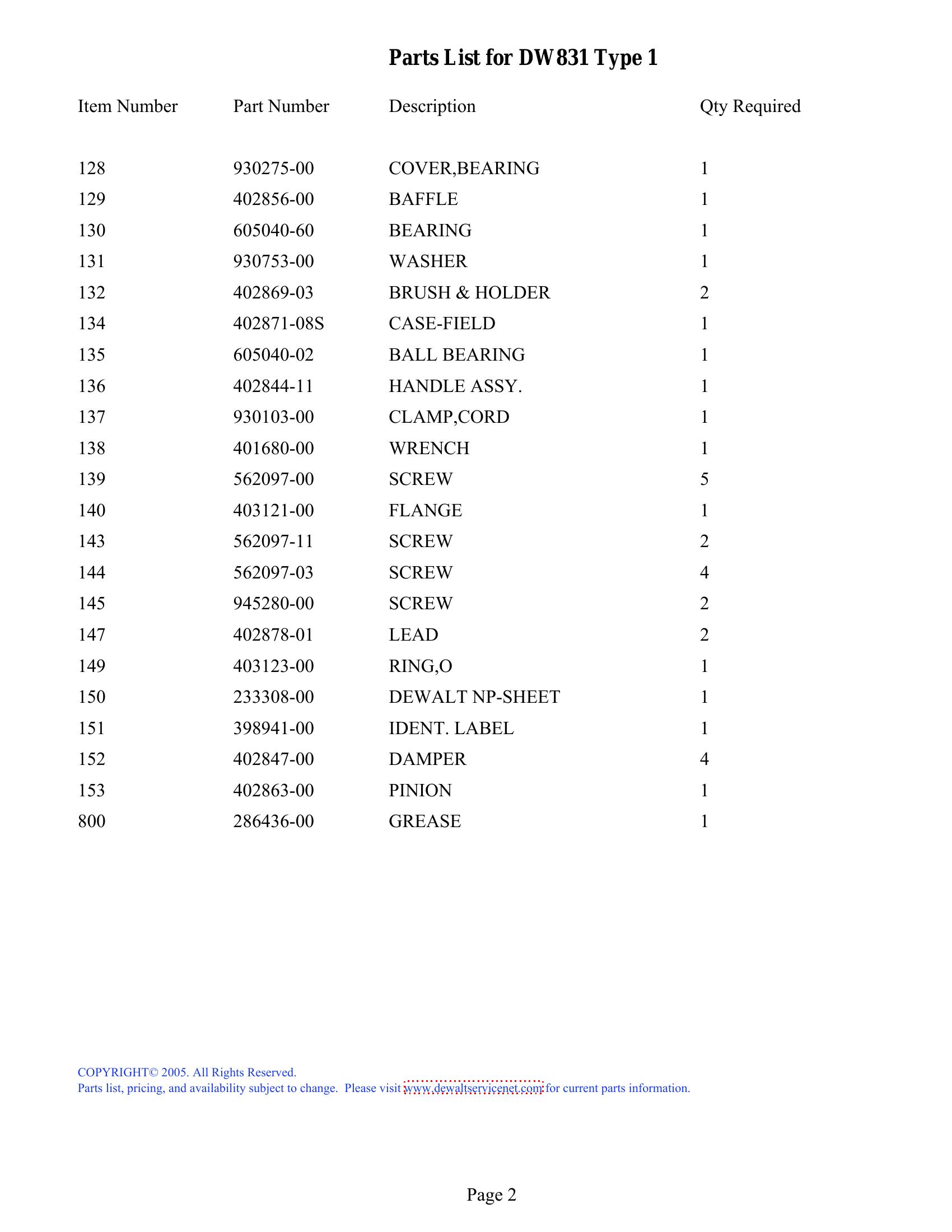 Parts for DW831 TYPE 1 | Powerhouse Distributing