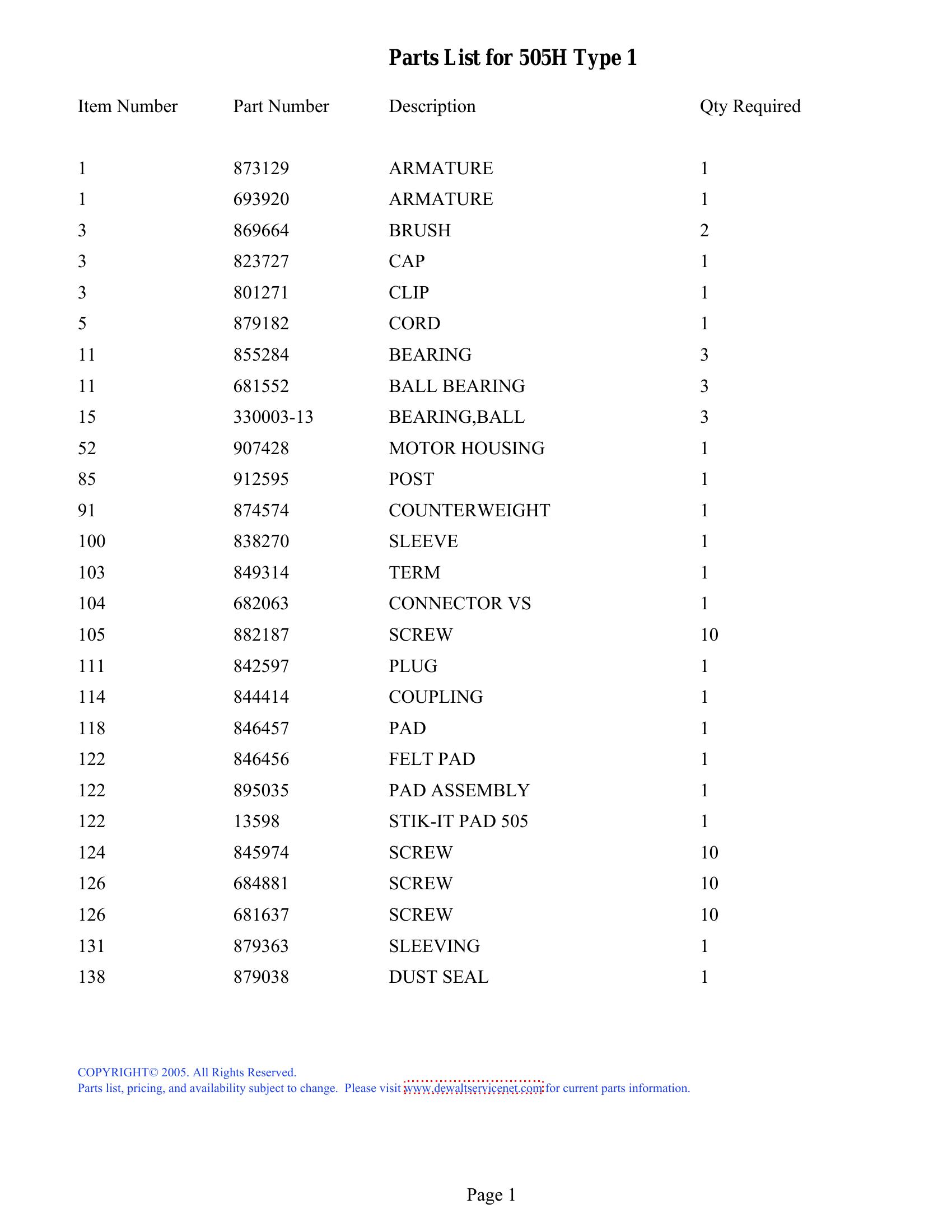 Parts for 505H TYPE 1 | Powerhouse Distributing